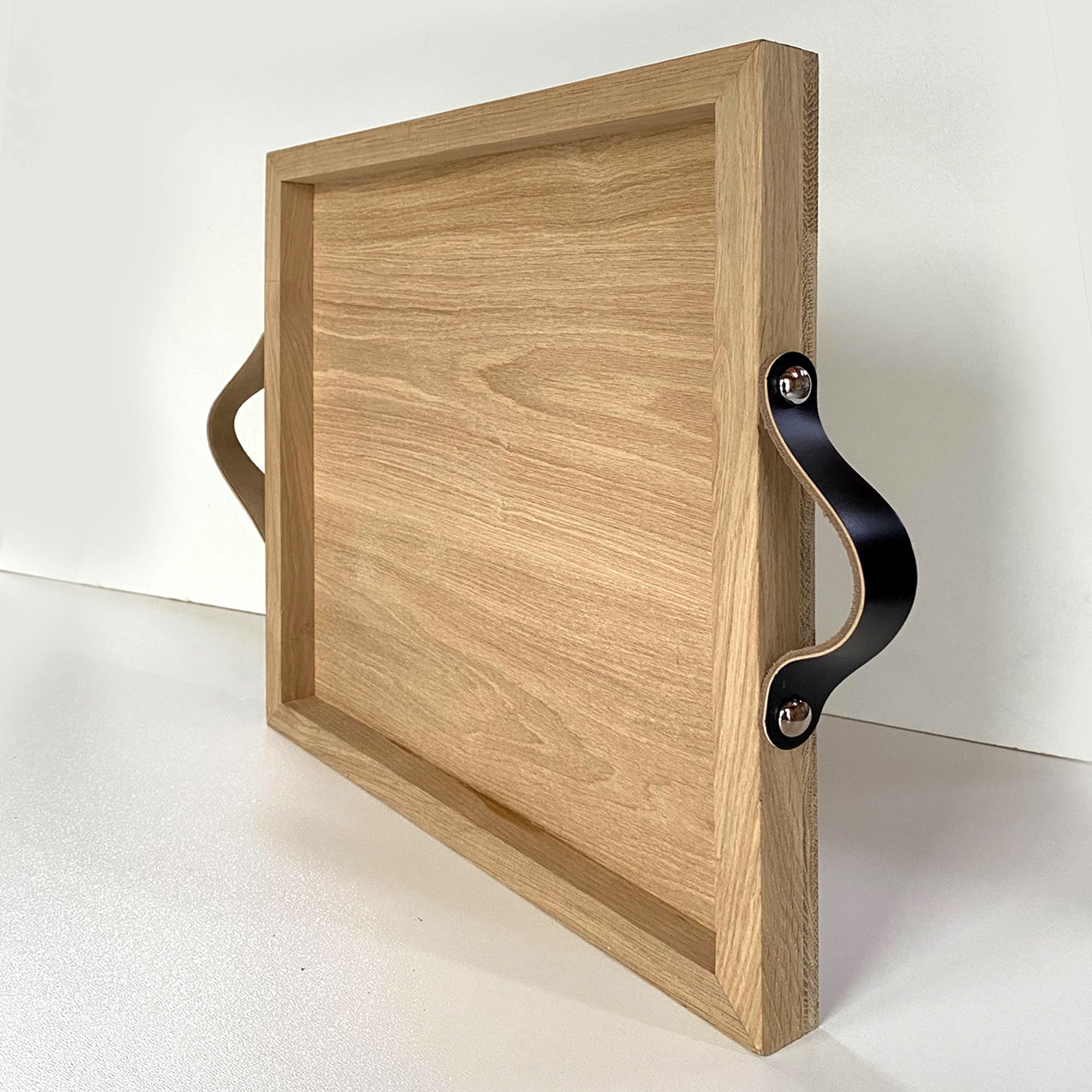 Oak Wooden Square Tray With Black Leather Handles - Etsy