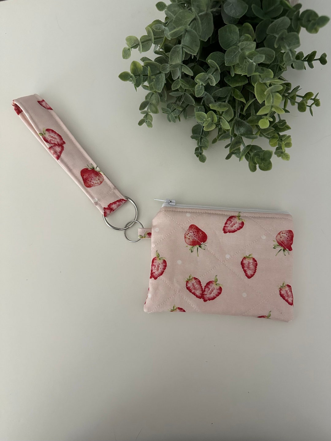 Pink Strawberry Print Quilted Pouch Wristlet, Keychain Wallet, Key Fob ...
