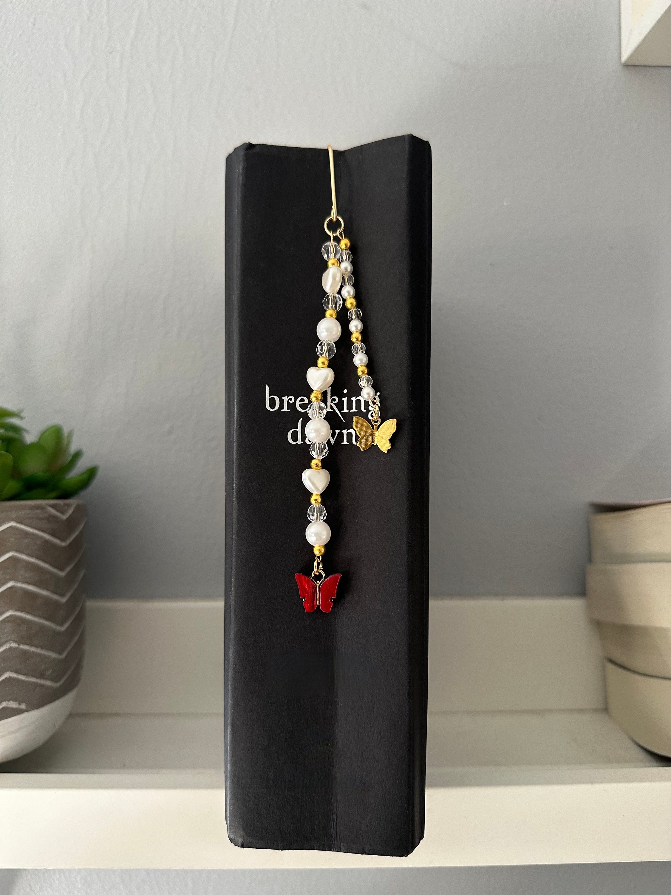 Gold & Maroon Butterfly Beaded Bookmark, Charm Bookmark, Hook Bookmark ...
