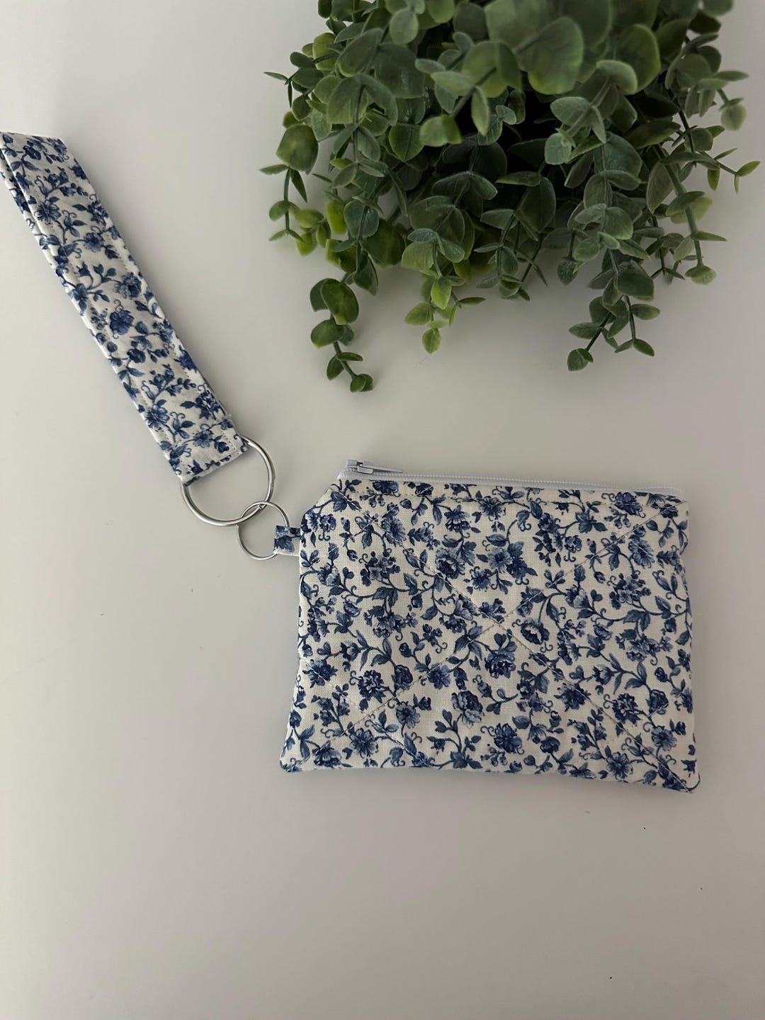 Blue Antique Floral Quilted Pouch Wristlet, Wallet, Keychain Wallet ...