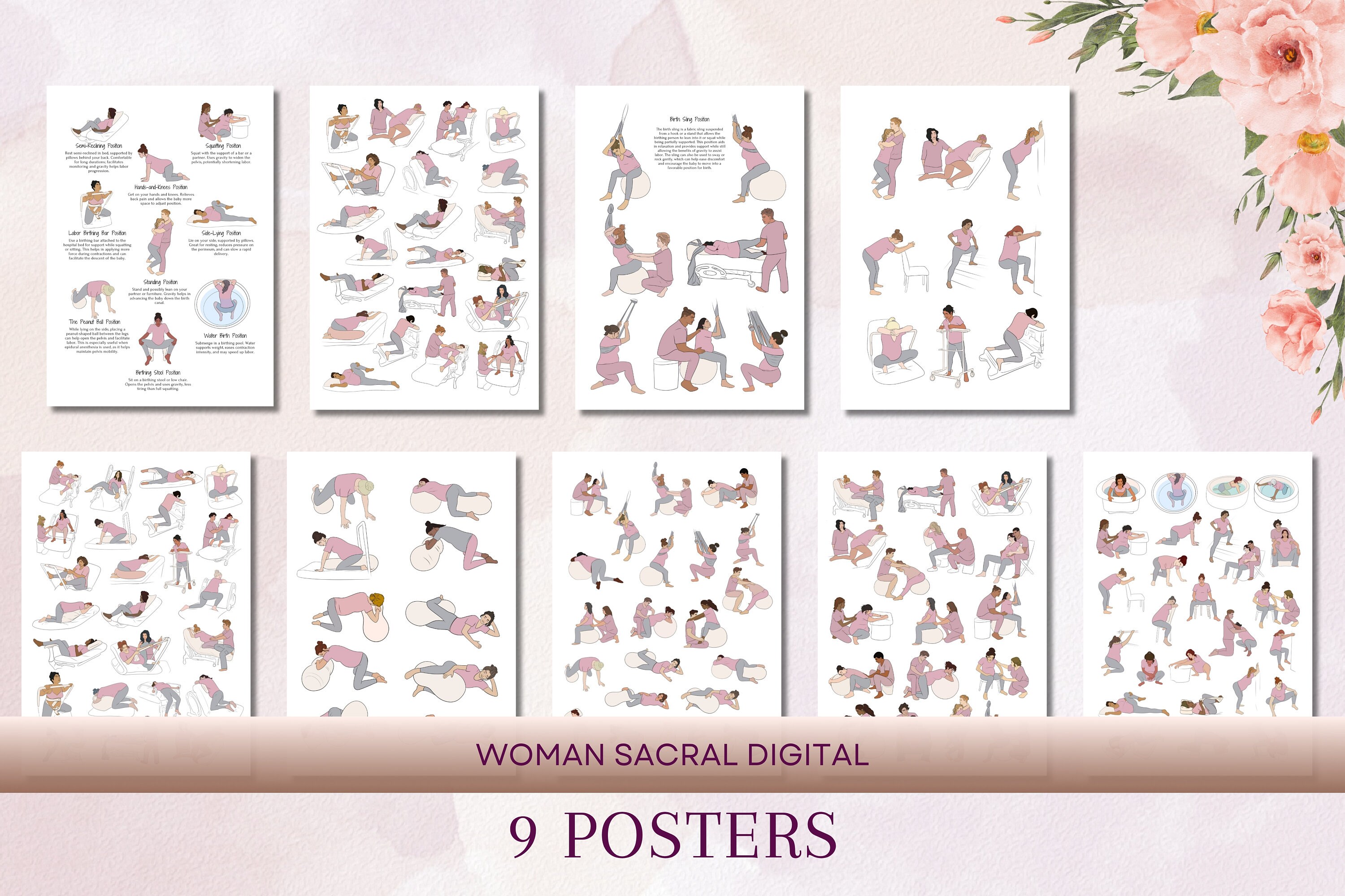 75 Labor and Delivery Positions PNG. Labour and Natural Birth Digital ...