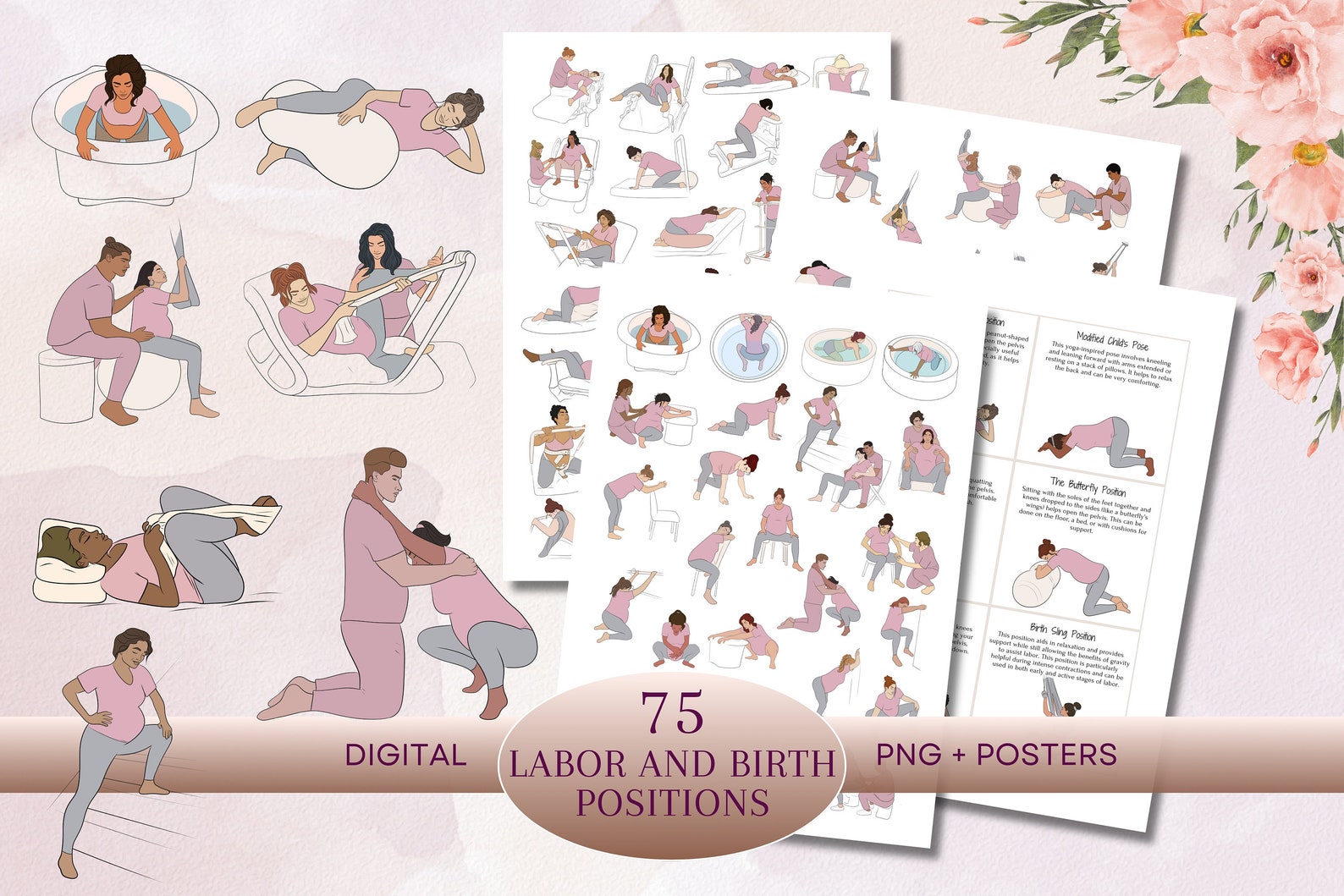 75 Labor and Delivery Positions PNG. Labour and Natural Birth Digital ...
