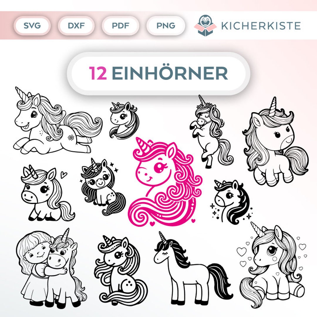 Bundle Plotterdatei Einhörner SVG PNG Deutsche Schneidedatei Clipart Einhorn selbst drucken ...