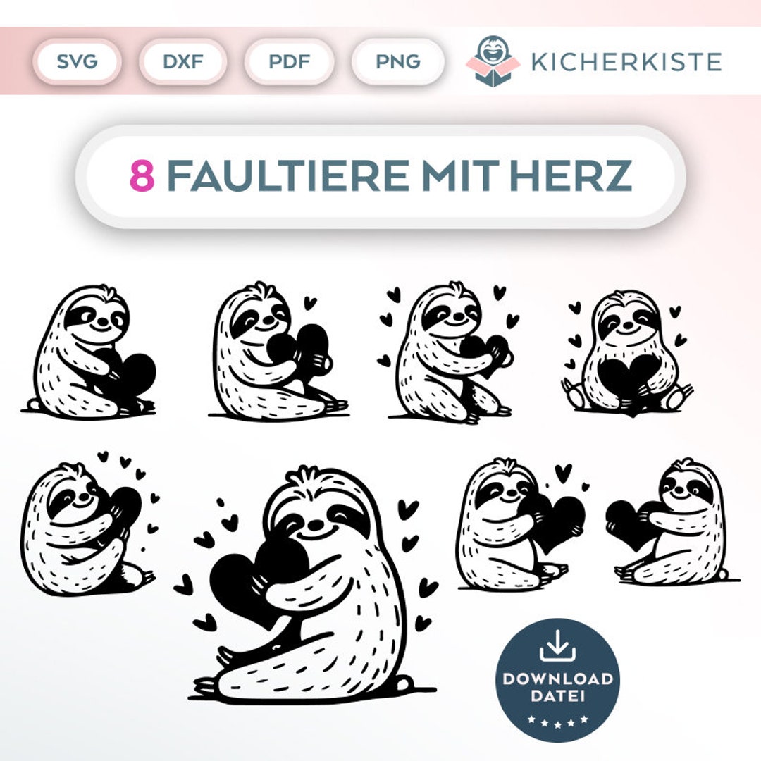 Bundle Plotterdatei Faultier SVG PNG Deutsche Schneidedatei Clipart Valentinstag Faultiere ...