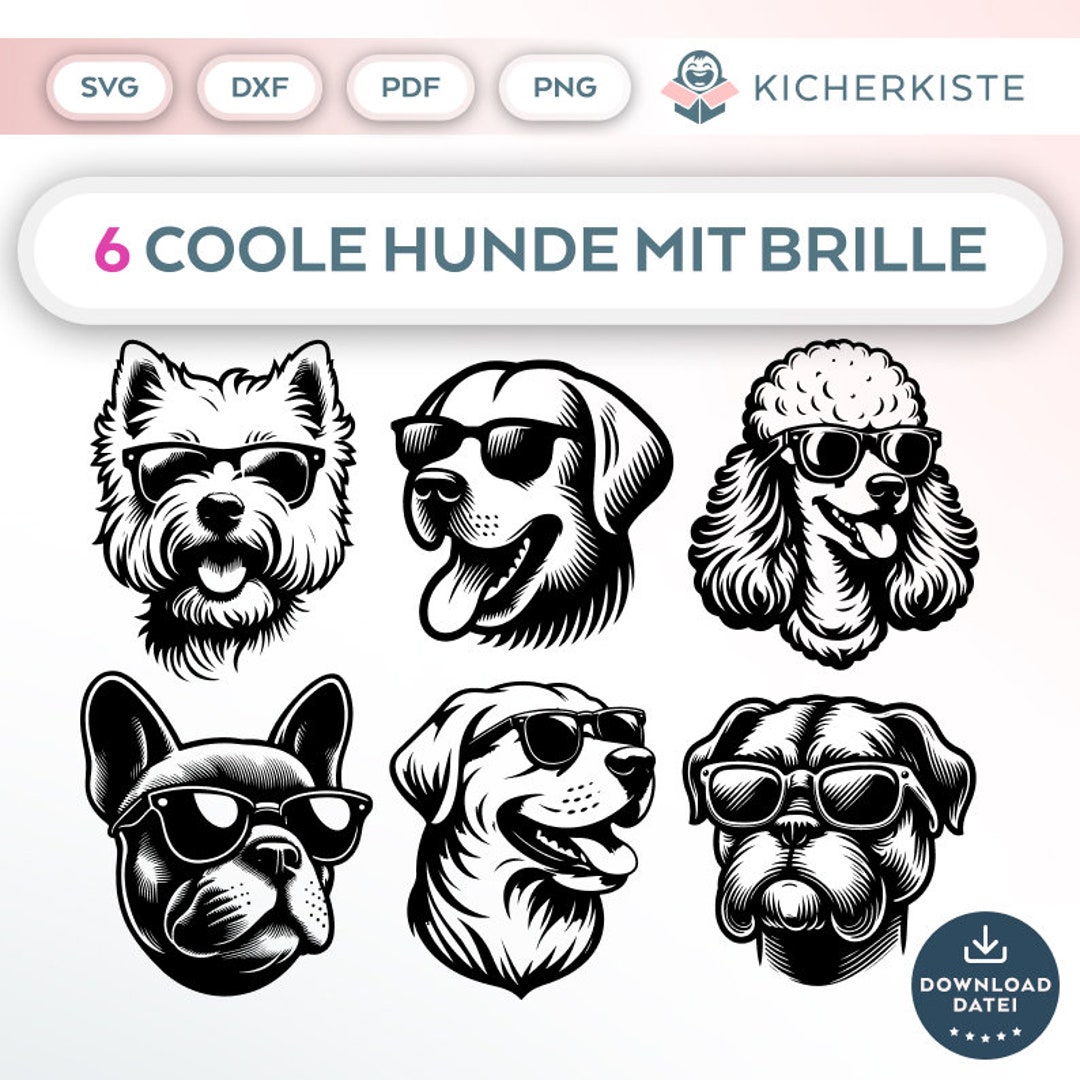 Bundle Plotterdatei Hunde SVG PNG Deutsche Schneidedatei Clipart Für T-shirt 6 Coole Hunde Zum ...