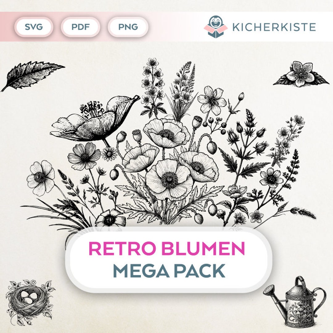 Bundle Plotterdatei Wildblumen SVG PNG Deutsche Schneidedatei Clipart Retro Blumen Selbst ...