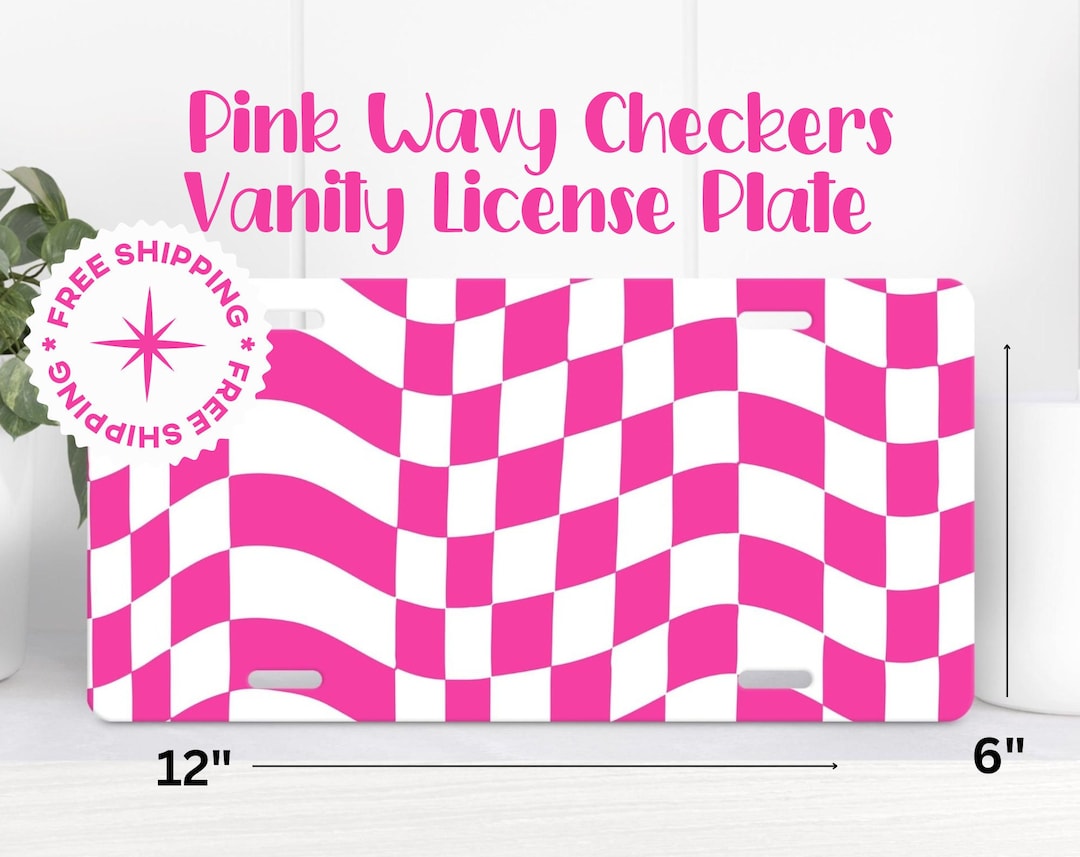 Cute Wavy Checkered Pink License Plate, Girl Car Accessories, Vanity ...