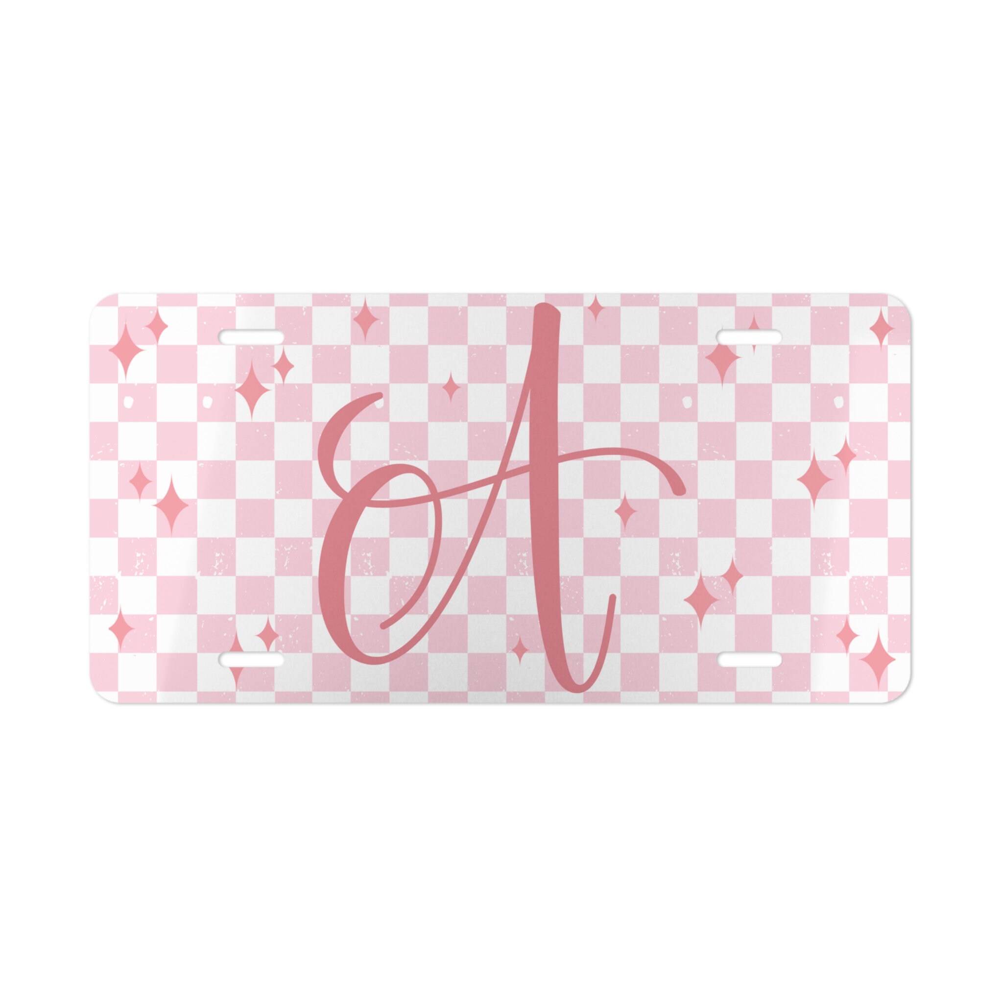 Initial Pink Checkered License Plate Personalized, Grunge Checkers Pink ...