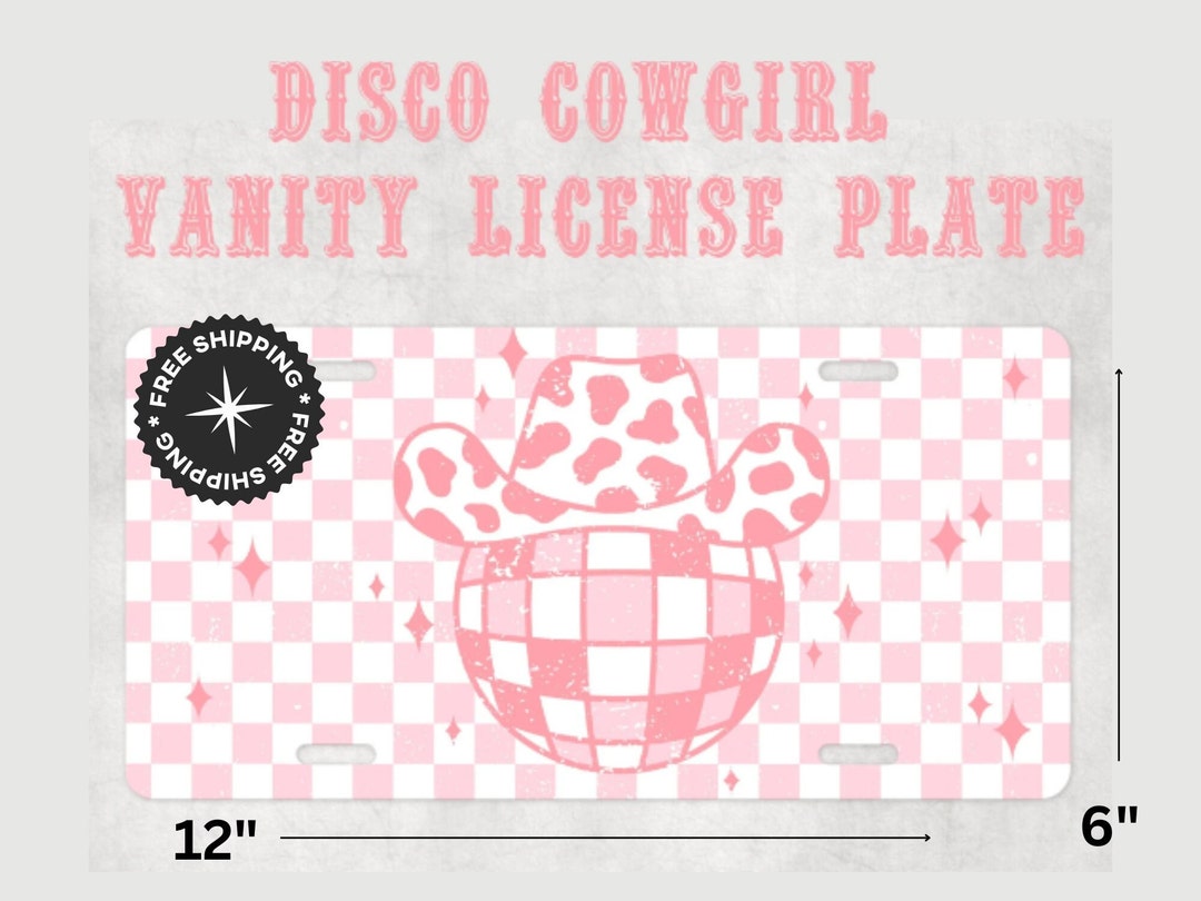 Disco Cowgirl, Cute License Plate, Pink Checkered Car Plate, Disco Ball ...