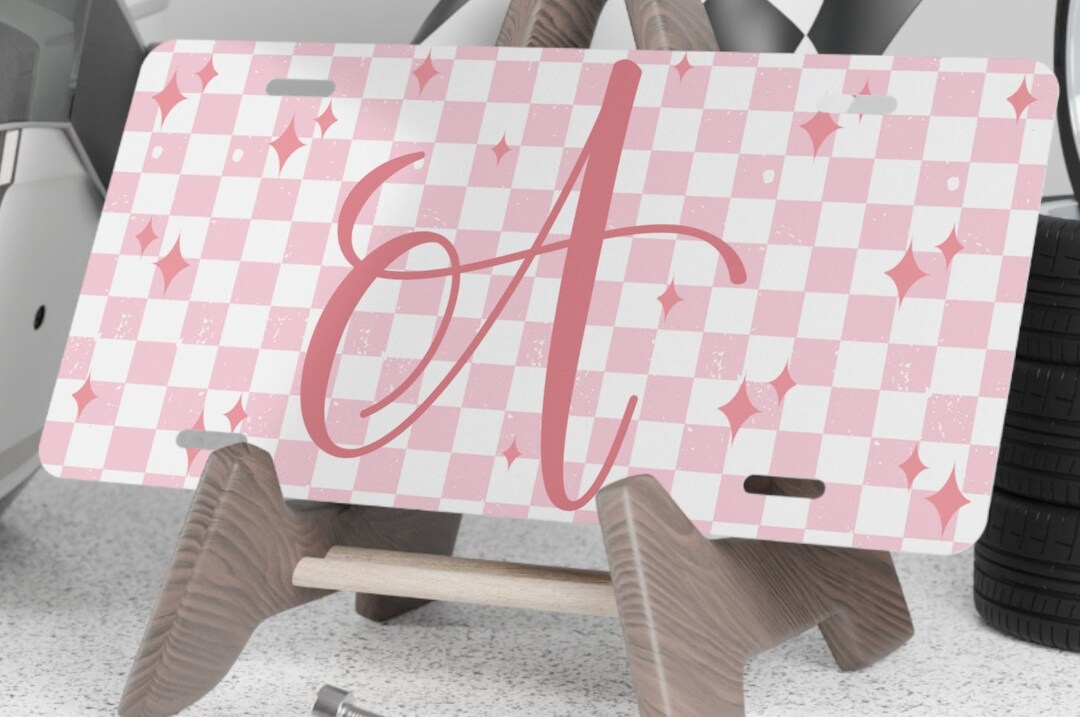 Initial Pink Checkered License Plate Personalized, Grunge Checkers Pink ...