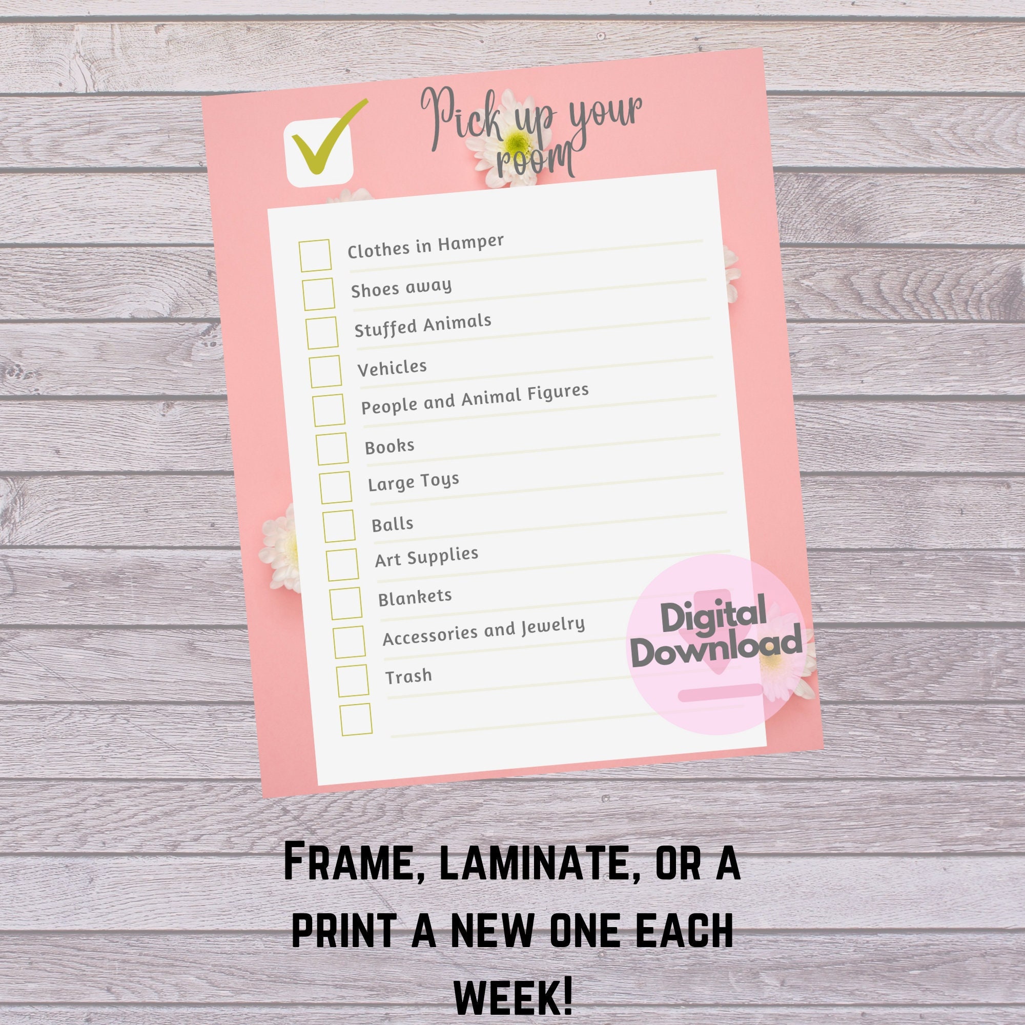 Room Cleaning Checklist, Printable Kids Room Pick up List, Frameable ...