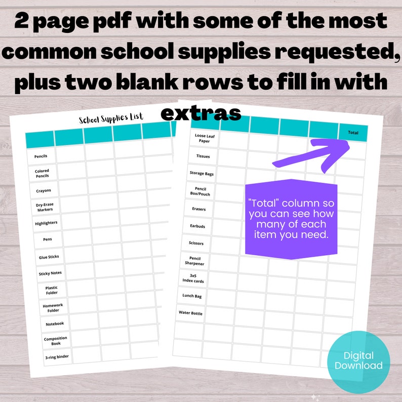 Master School Supply List, Family School Supply Printable, Digital ...