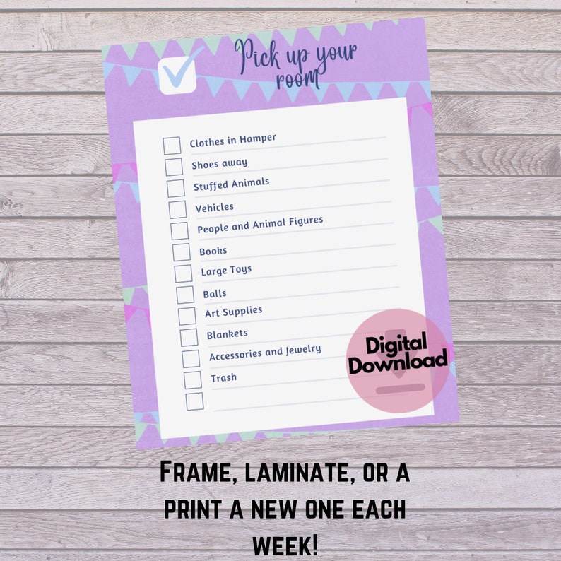 Room Cleaning Checklist, Printable Kids Room Pick up List, Frameable ...