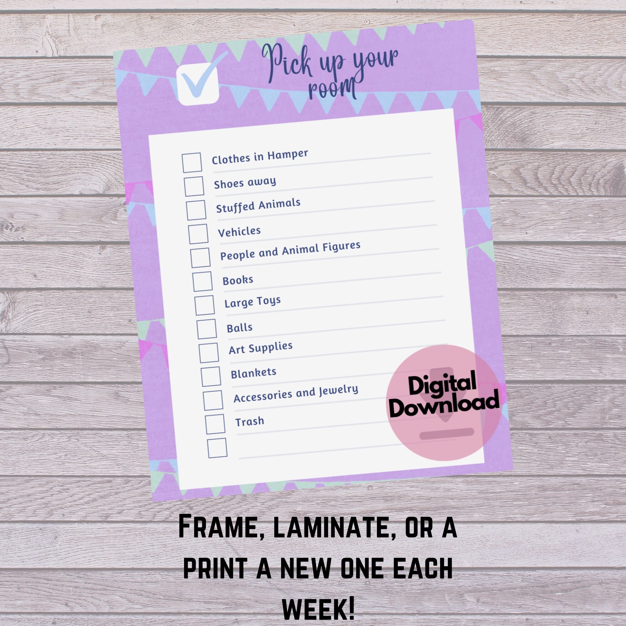 Room Cleaning Checklist, Printable Kids Room Pick up List, Frameable ...