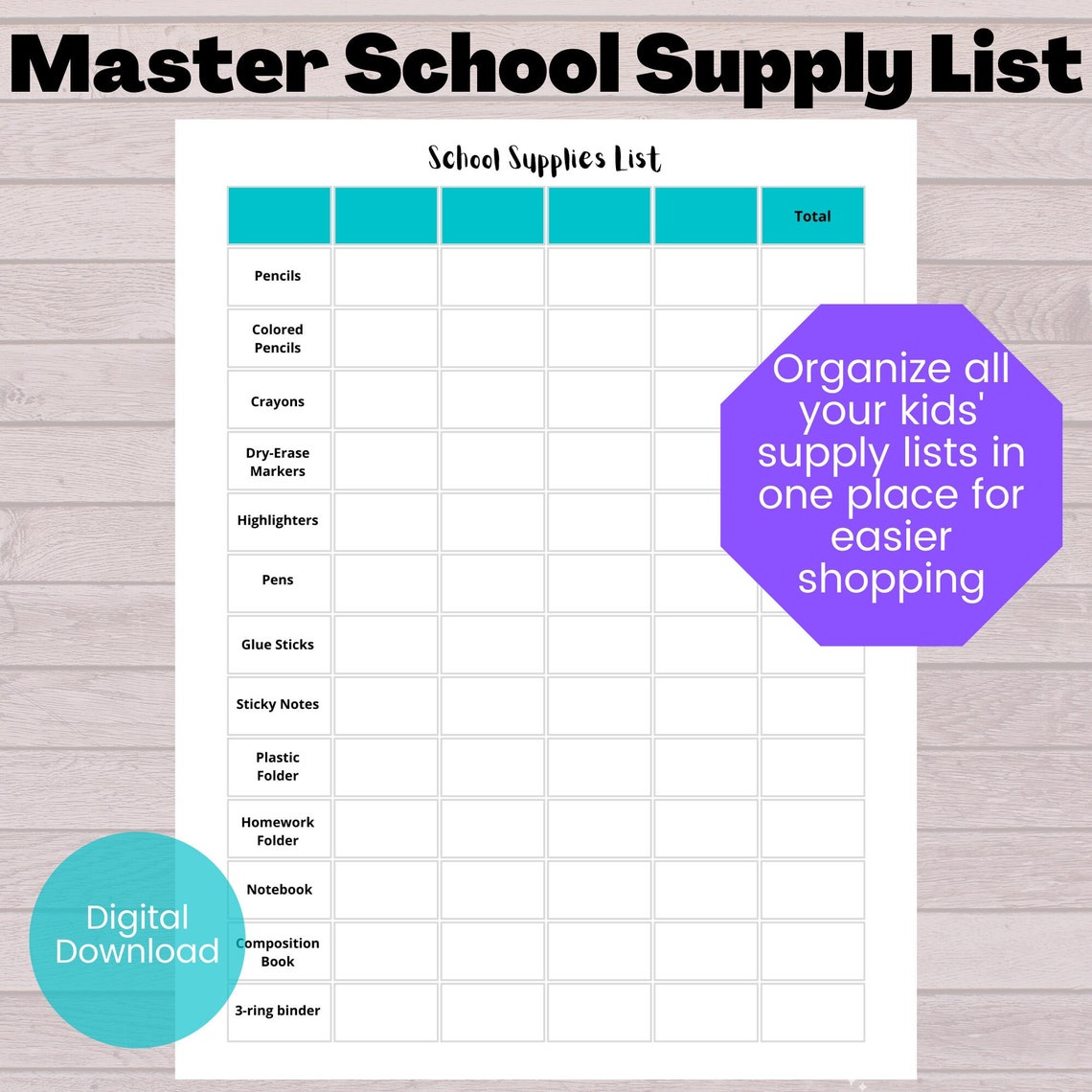 Master School Supply List, Family School Supply Printable, Digital ...