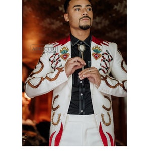 Men 2 Piece Cotton Ivory Suit Wedding Pantsuit Country Western Cowboy ...