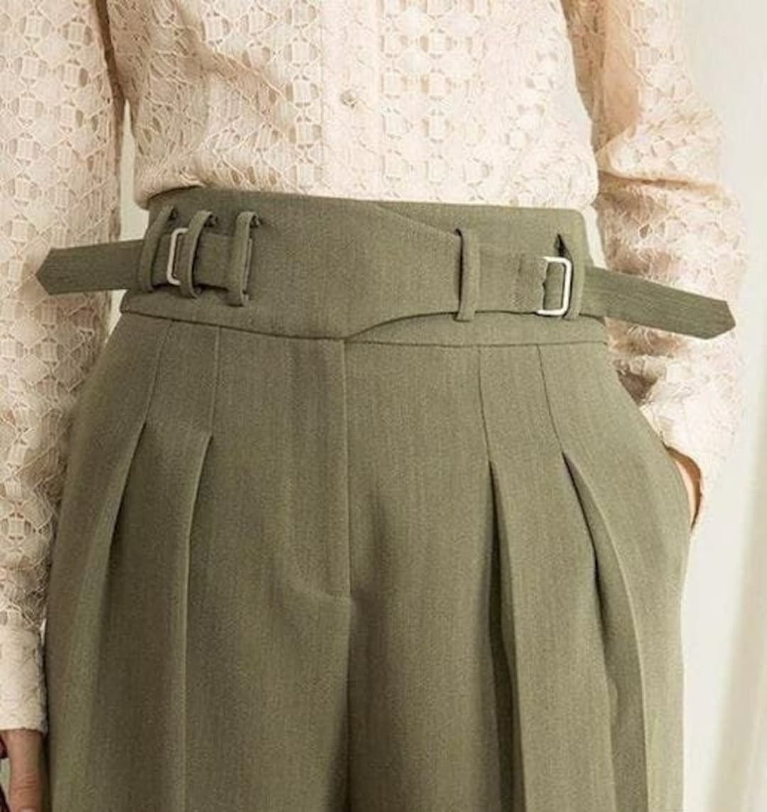 Women Green Cotton Gurkha Pants Designer Relaxed-fit With Belt Buckle ...