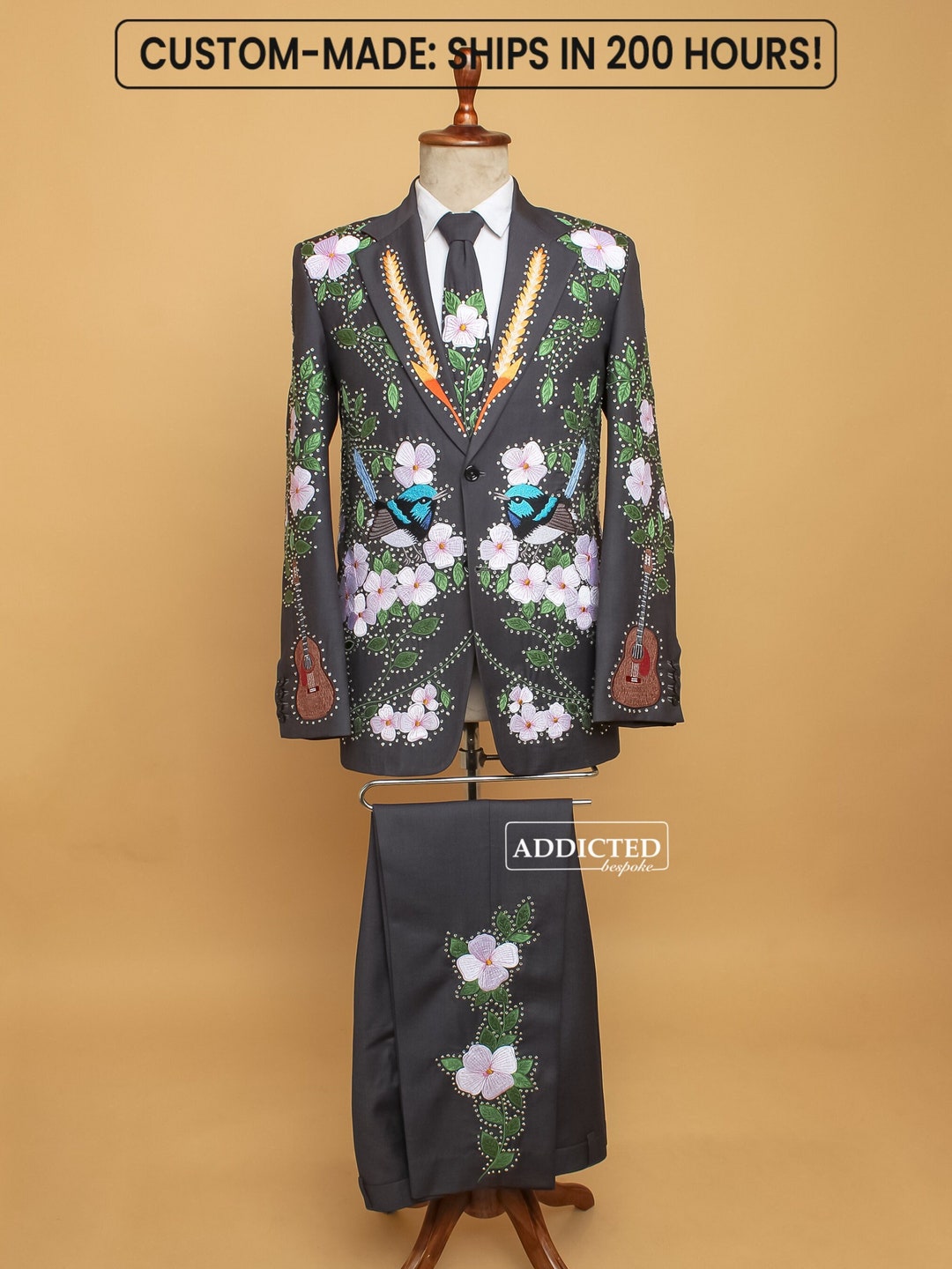 Men Tailor Made 2 Piece Wedding Suits Cherry Blossom Embroidered Grey ...
