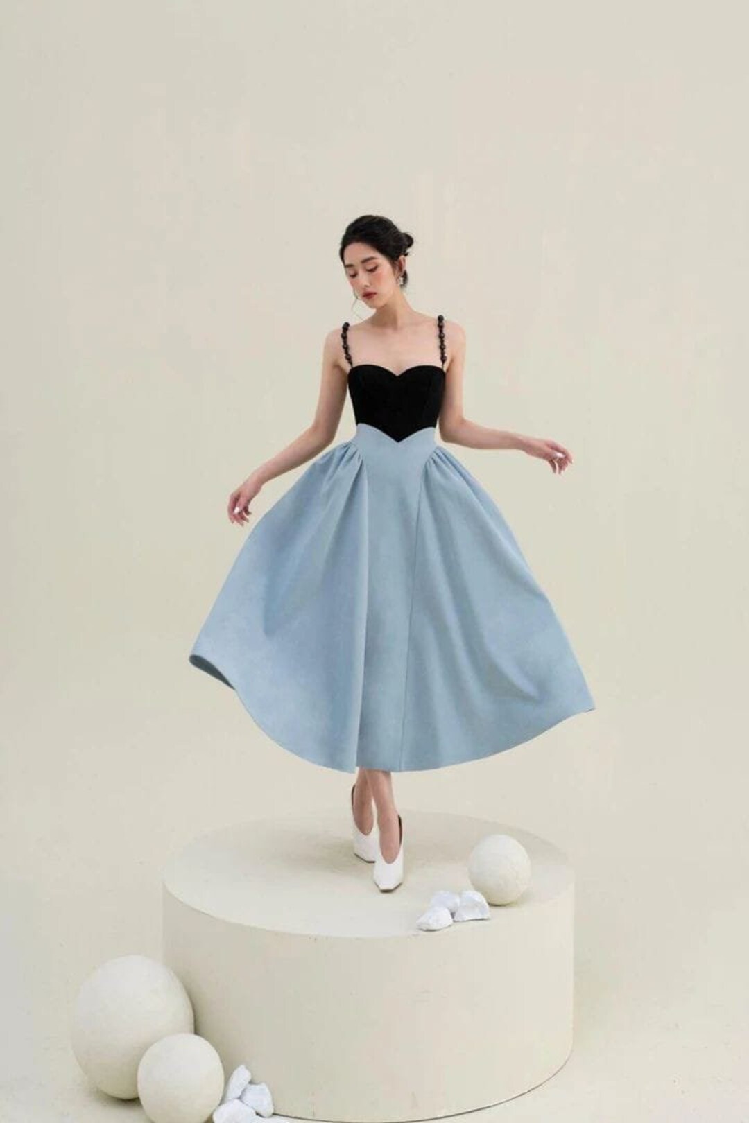 Women Blue and Black Dress Designer Elegant Bustier Spaghetti Pearl ...