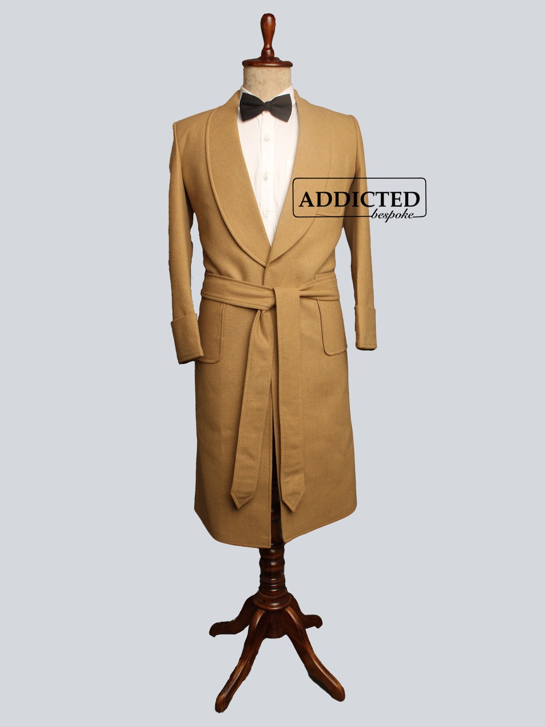 Men's Custom Made Wool Long Coat Designer Brown Overcoat Shawl Lapels ...