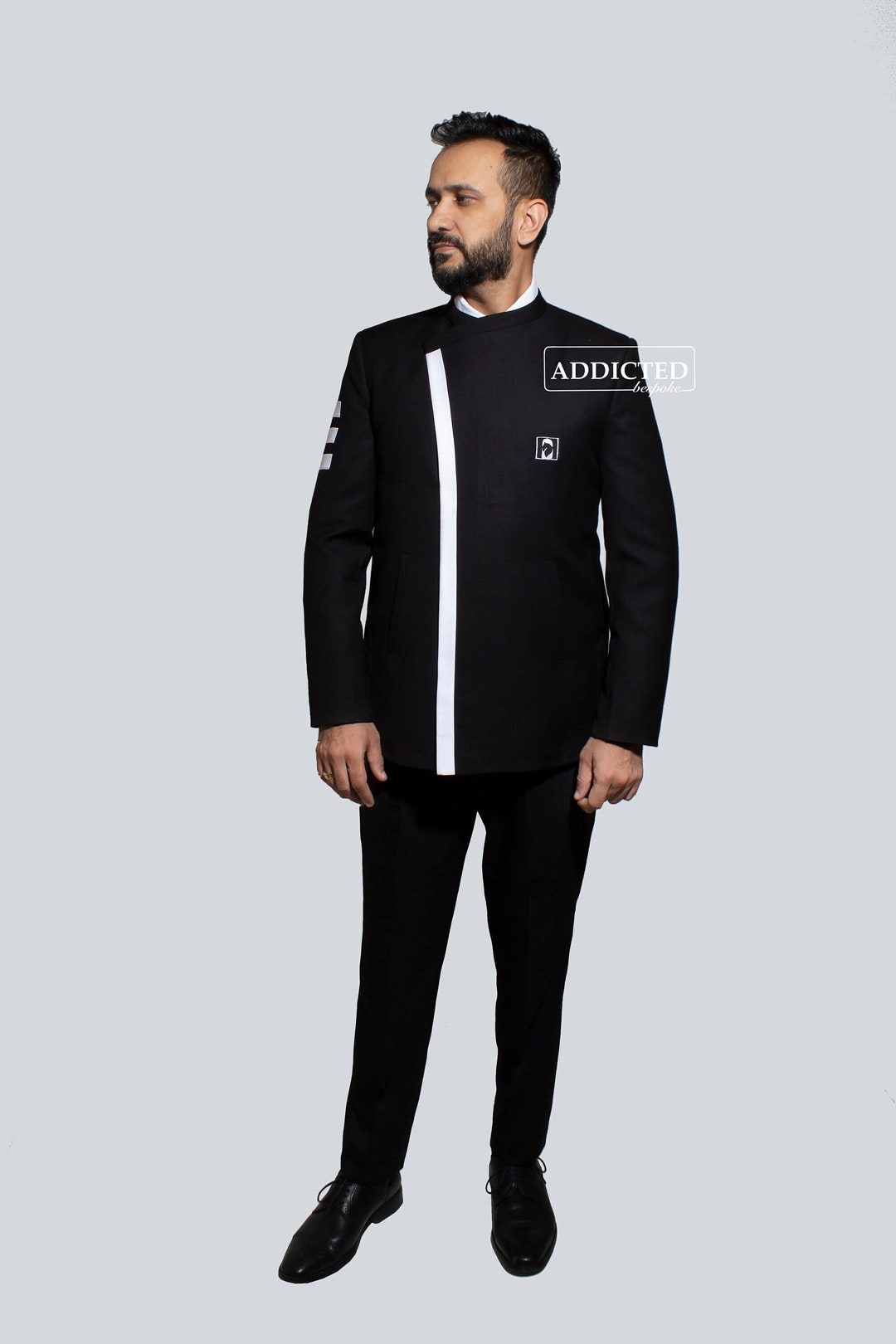 Men Customize Black Cotton Designer 2 Pc Suit Stand Collar Double ...