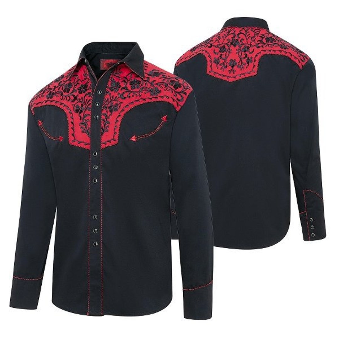 Cowboy Unisex Red Black Country Style Embroidered Shirt Button Closure ...