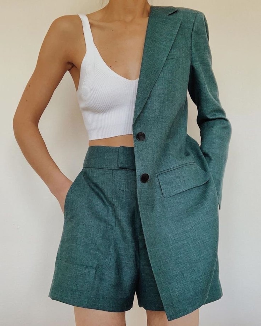 Women Blazer Shorts Set Custom Made Linen Two Piece Green Suit Set ...