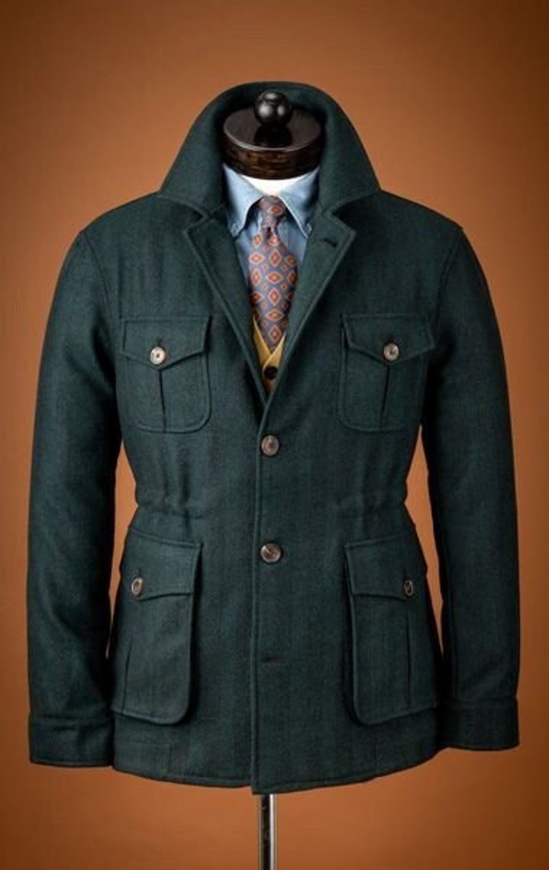 Men Custom Made Safari Bush Jacket Green Breathable Wool Patch - Etsy