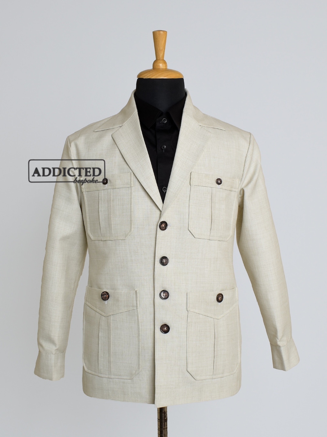Men White Linen Safari Bush Custom Made Jacket Notch Lapel Patch Pocket ...