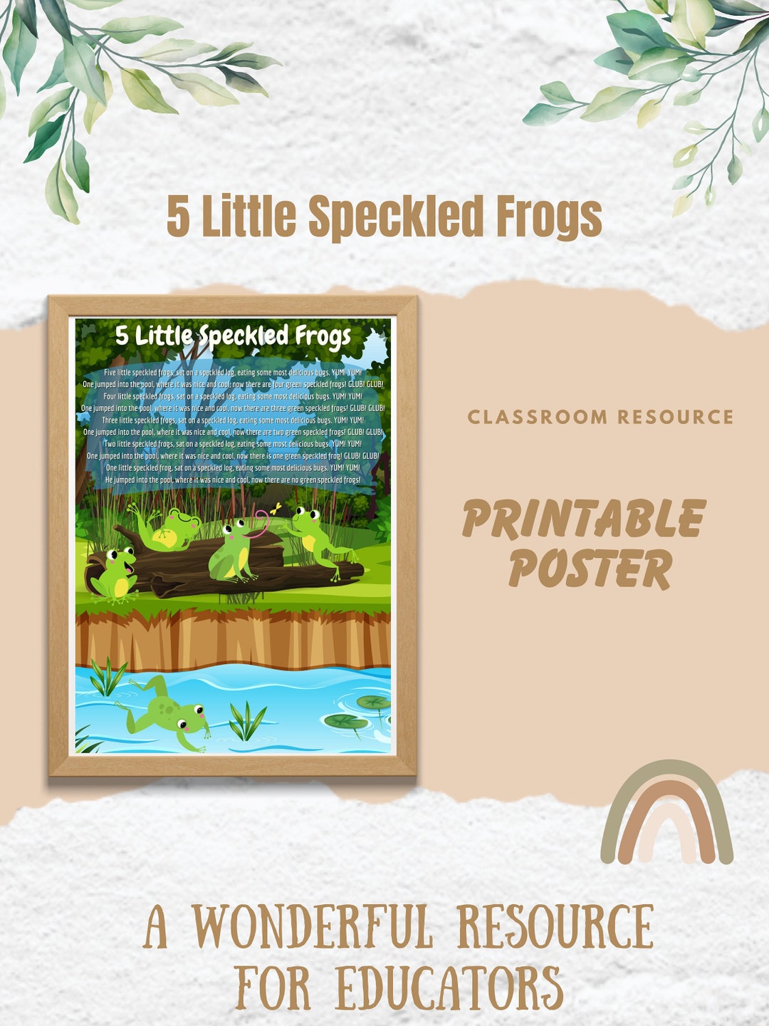 5 Little Speckled Frogs Song With Lyrics Printable Poster -early ...