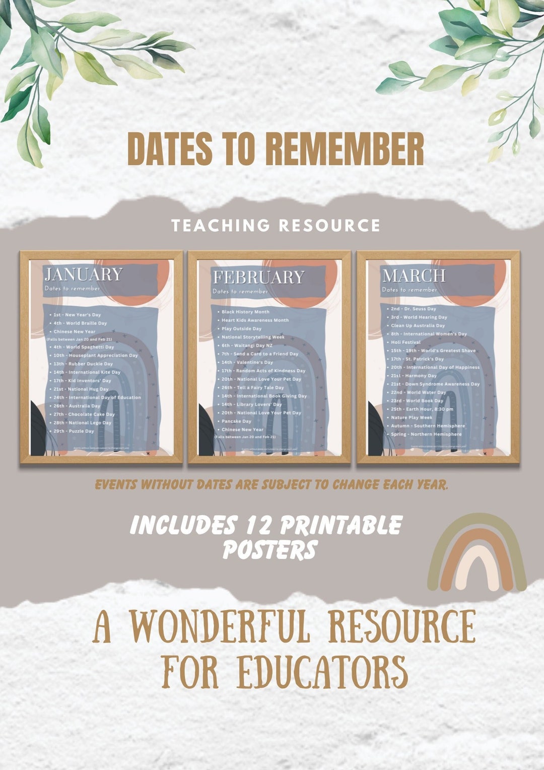 Dates to Remember: Calendar of Events' Poster Collection Boho Design - Etsy