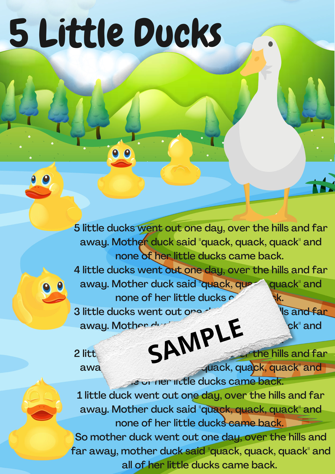 5 Little Ducks Song With Lyrics Printable Poster -early Childhood ...