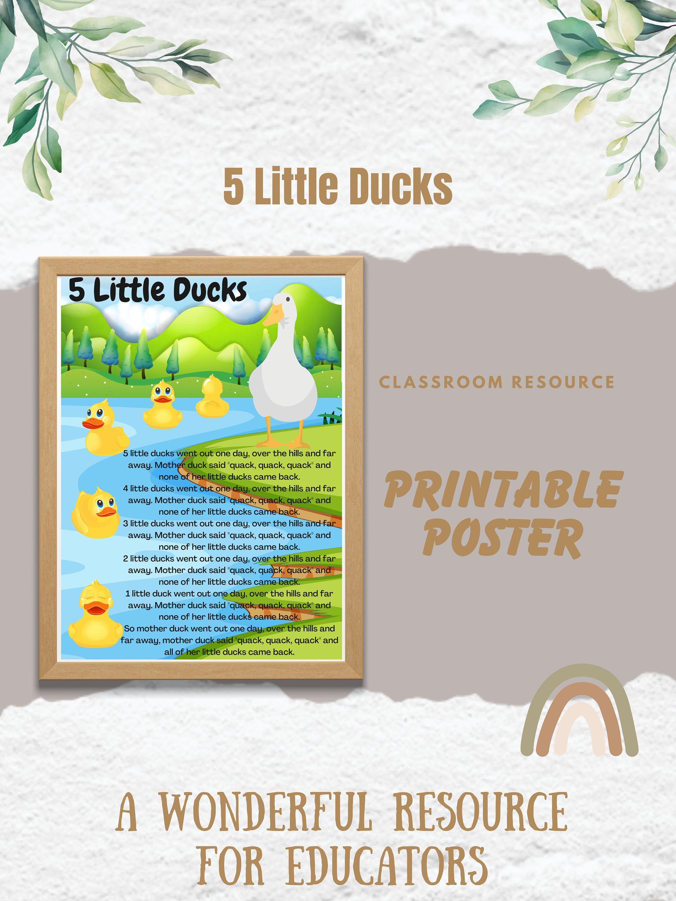 5 Little Ducks Song With Lyrics Printable Poster -early Childhood ...