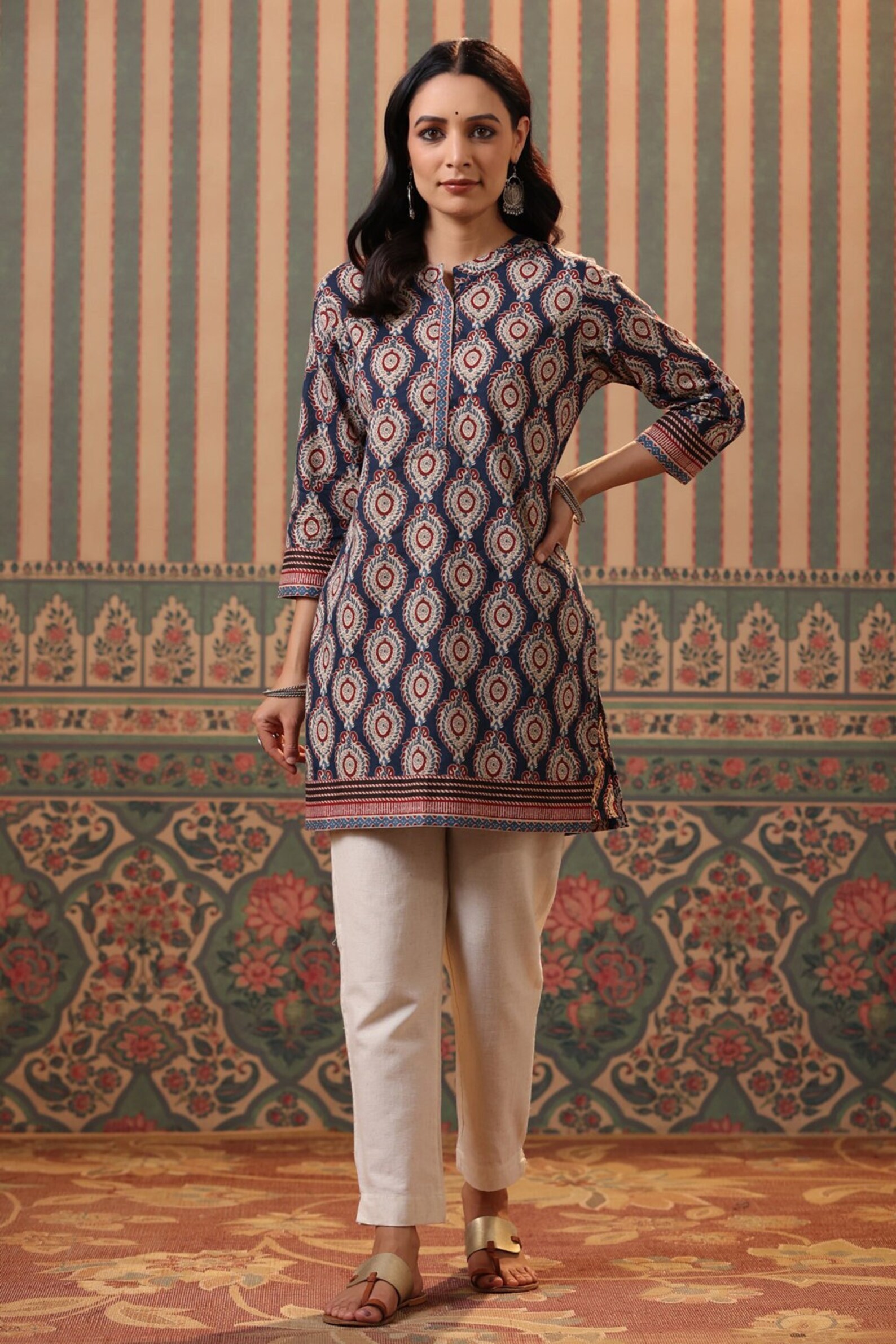 Block Print Tunic/kurti in Pure Cotton-red-blue-collar-ethnic Print ...