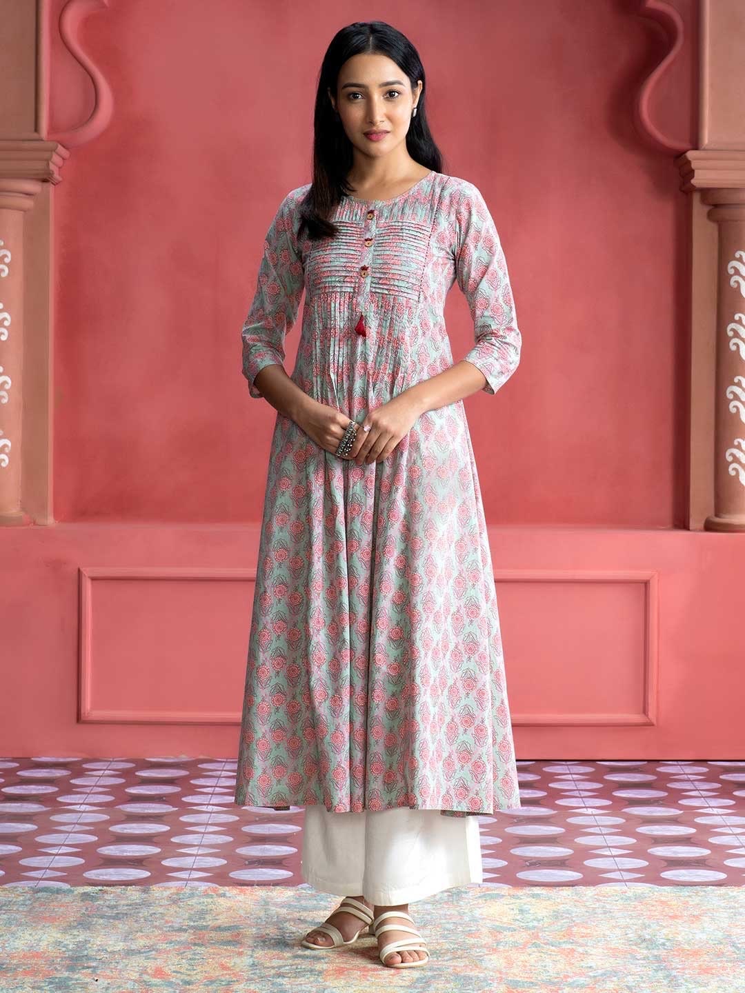A-line Kurta Dress-medium Weight Cotton Flex Fabric-pink-green-floral ...