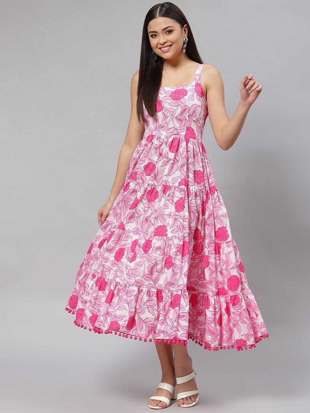 Pink Floral Sundress Smocked Back-tiered Spring-summer Strap Shoulder ...