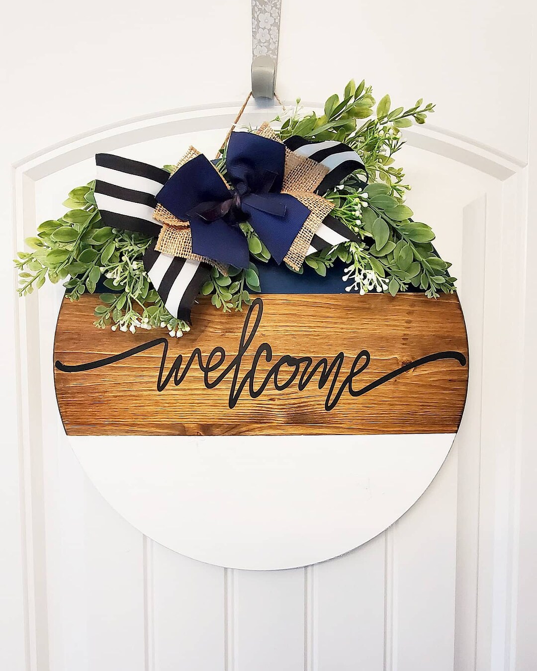 Custom Door Decor, Door Hanger, Welcome Sign, Navy Walnut and Blue ...
