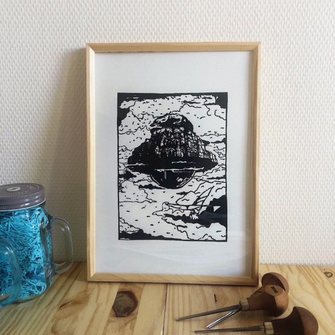 Linocut Laputa Castle in the Sky Handmade Print - Etsy