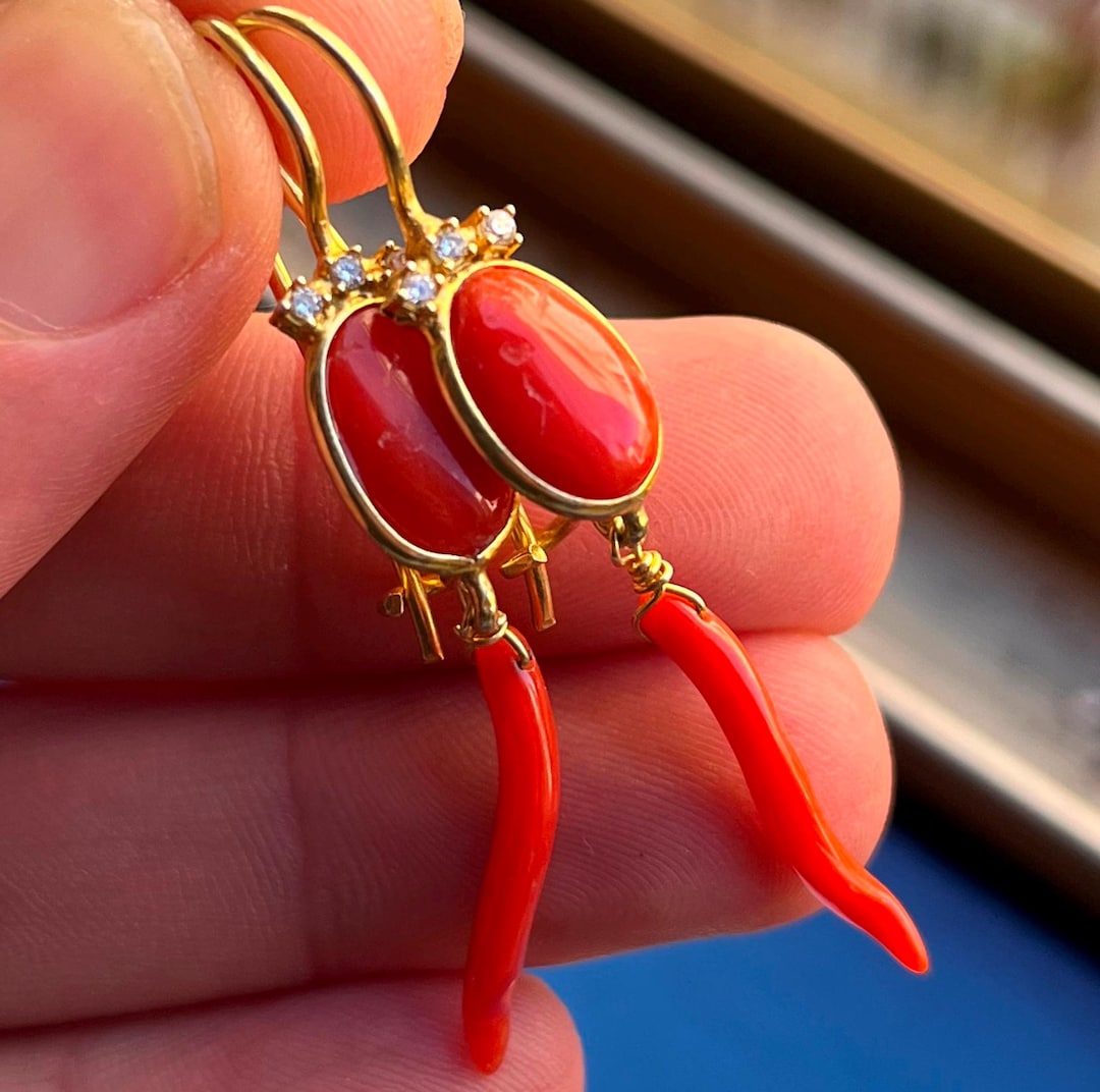 Italian Coral Horn Drop Earrings, Gold Plated, Boho Hippie Vibe - Etsy