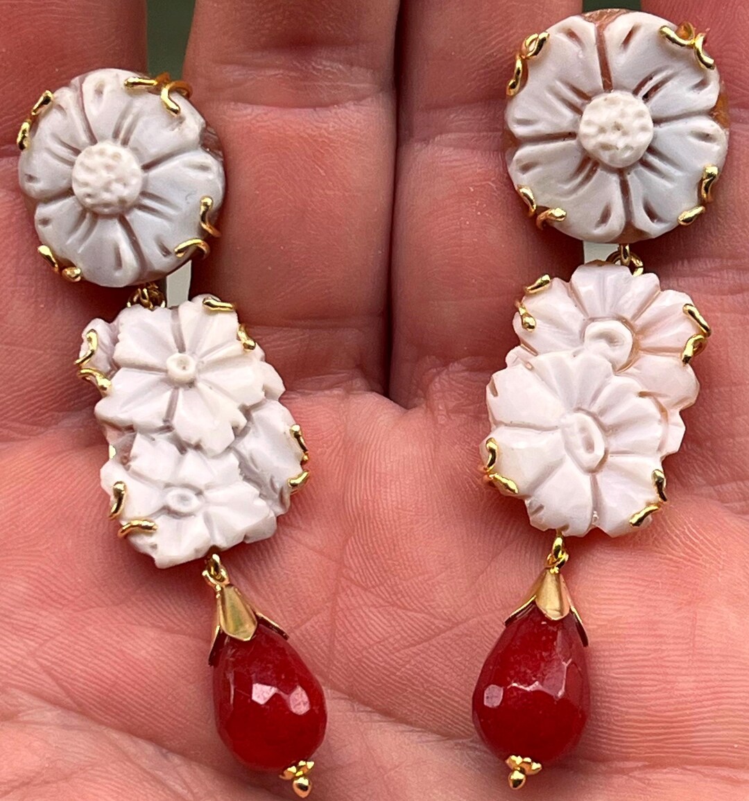 Handmade Cameo Earrings: Sardonic Shell, Red Onyx, Gold-plated Silver ...