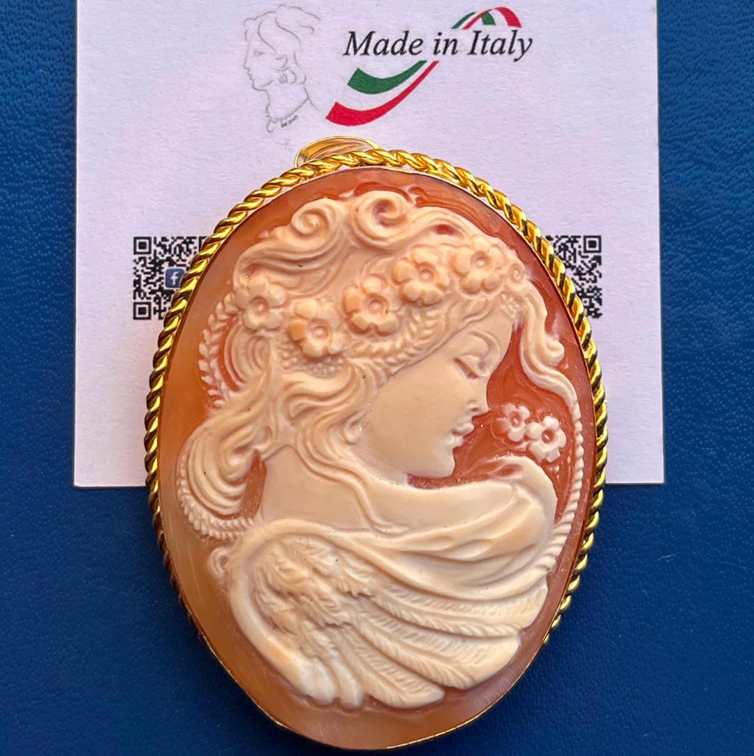 Hand Carved Shell Cameo Brooch Pendant, 18K Gold Plated Sterling Silver ...