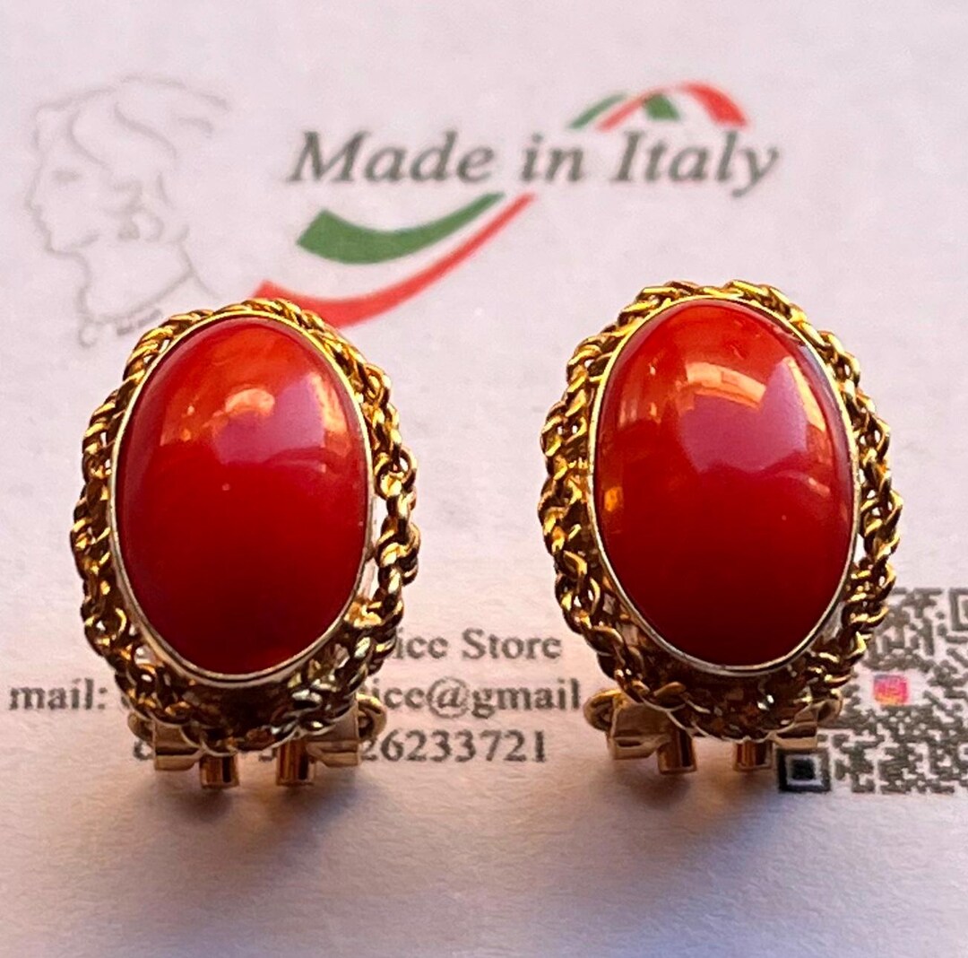 Real Coral Earrings, 18k Gold, Made in Italy, Classic Earrings, Elegant ...