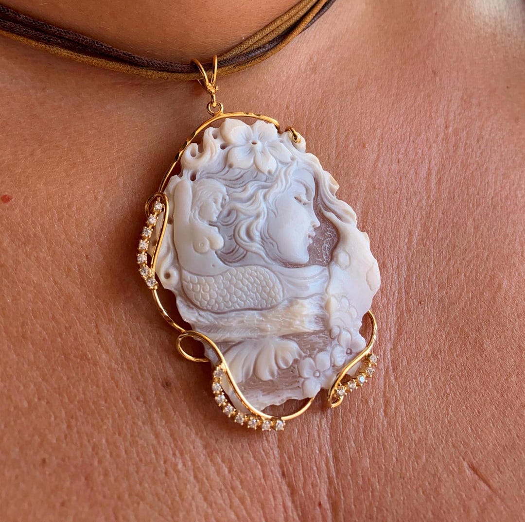 Mermaid Lady Carved Cameo Pendant, Ocean Jewelry, Nautical Necklace ...