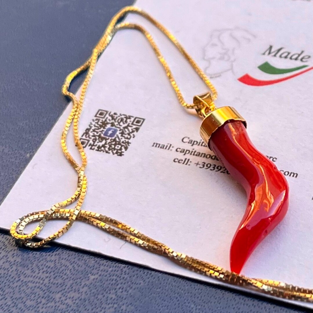 Red Coral Horn Amulet, 18k Gold Plated Sterling Silver, Color Red Dark ...