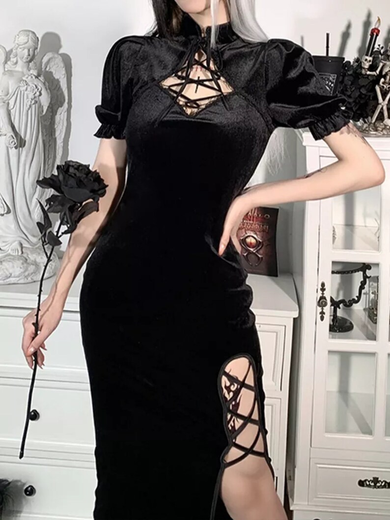 Black Vintage Gothic Aesthetic Slit Below Knee Elegant Lace-up - Etsy