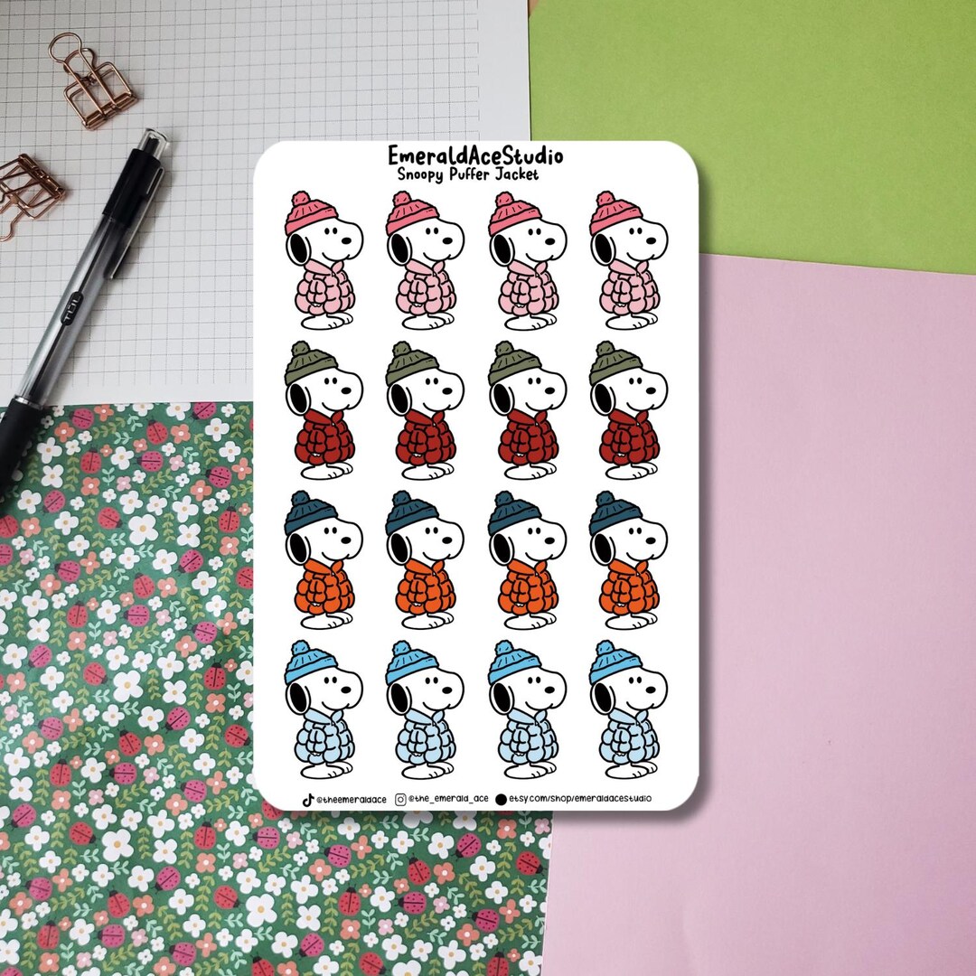 Snoopy Puffer Jacket Sticker Sheet | Snoopy Stickers | Puffer Jacket ...