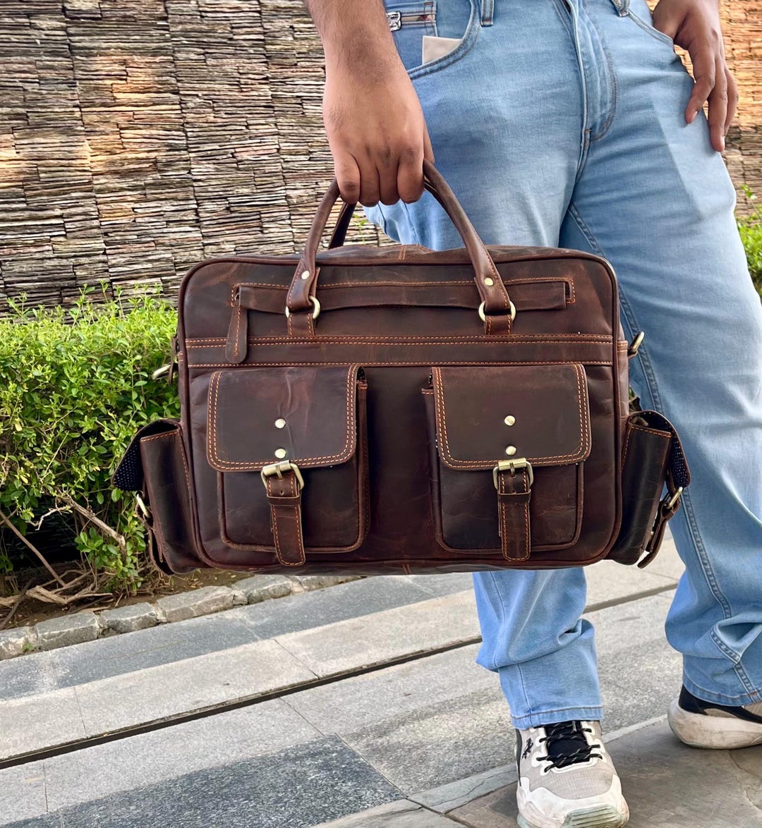 Handmade Rustic Brown Leather Briefcase: Personalized 18-inch Laptop ...