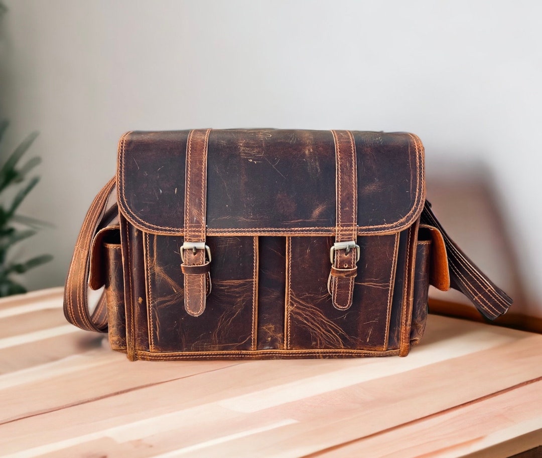 Brown Cowhide Leather Camera Bag DSLR Camera Case Vintage Leather Canon ...