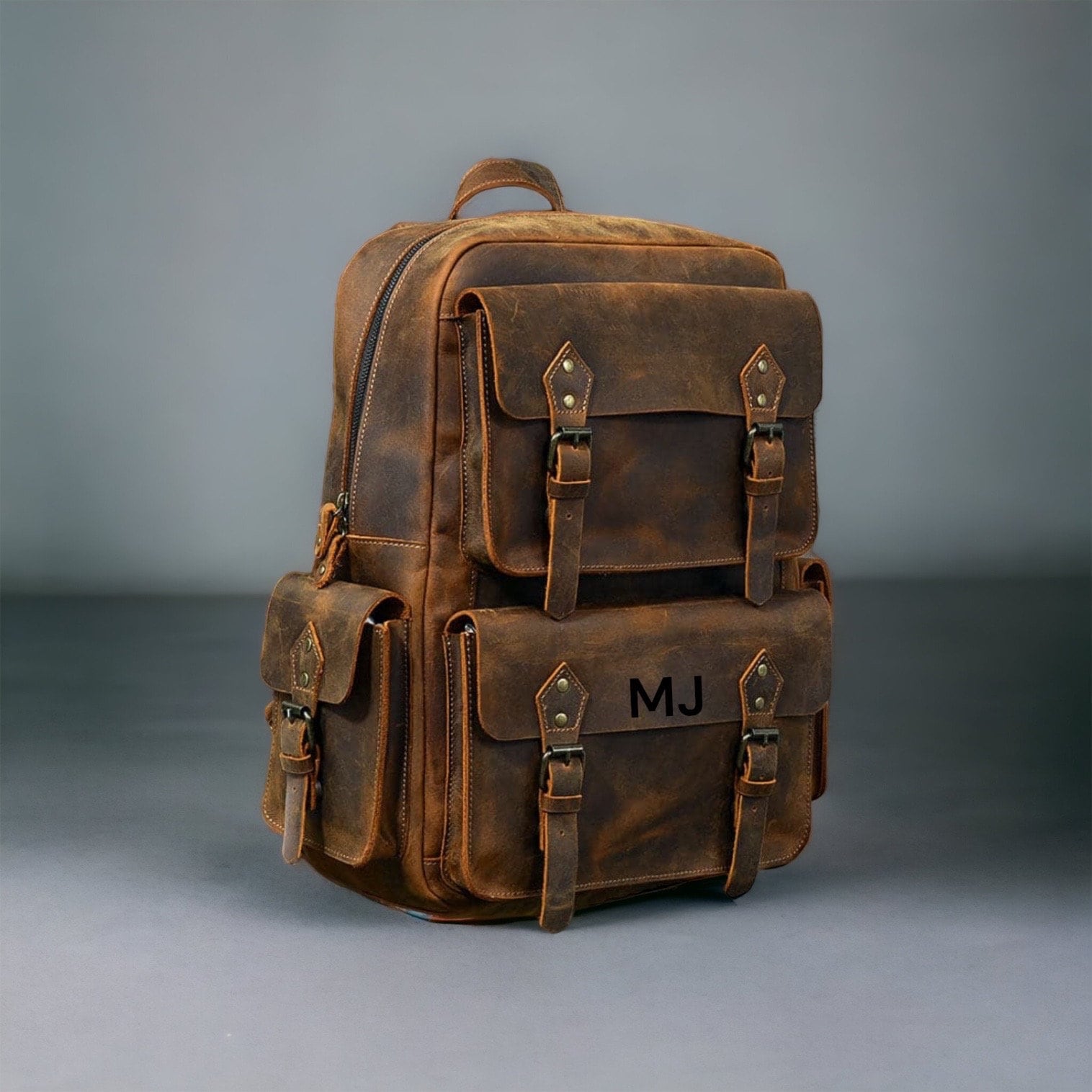 Rustic Brown Cowhide Backpack Monogrammed Leather Rucksack Hipster ...