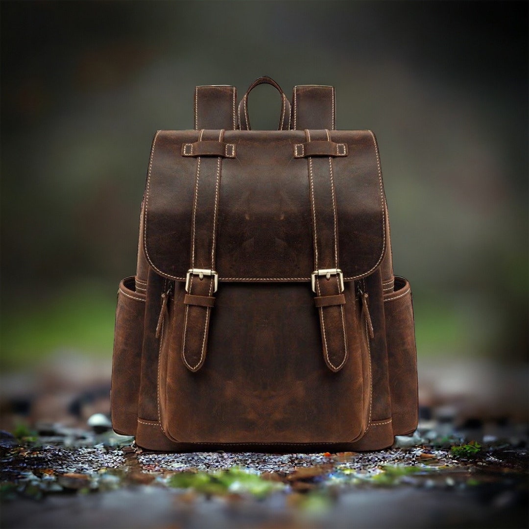 Personalized Cowhide Leather Backpack Rustic Brown Leather Laptop Bag ...